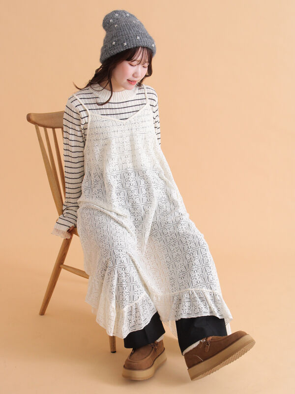 セール】 レースイレヘムキャミワンピース（ブラック/キナリ